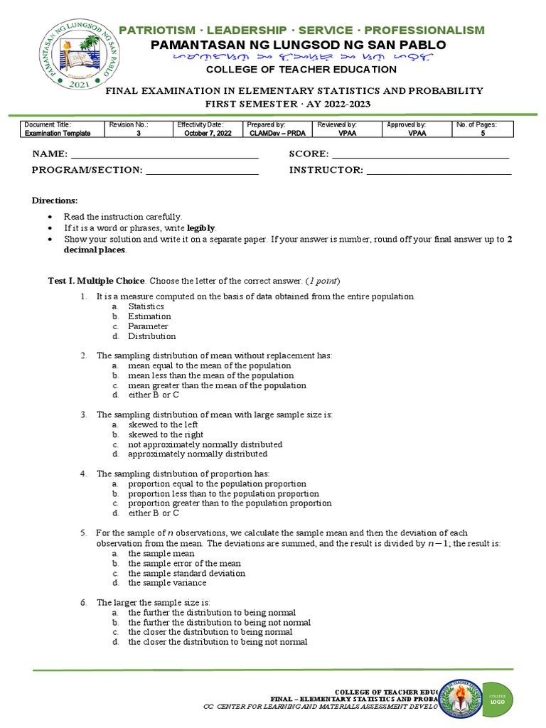 Final Exam Math 106 1st Sem. 22 23 | PDF | Statistical Significance ...