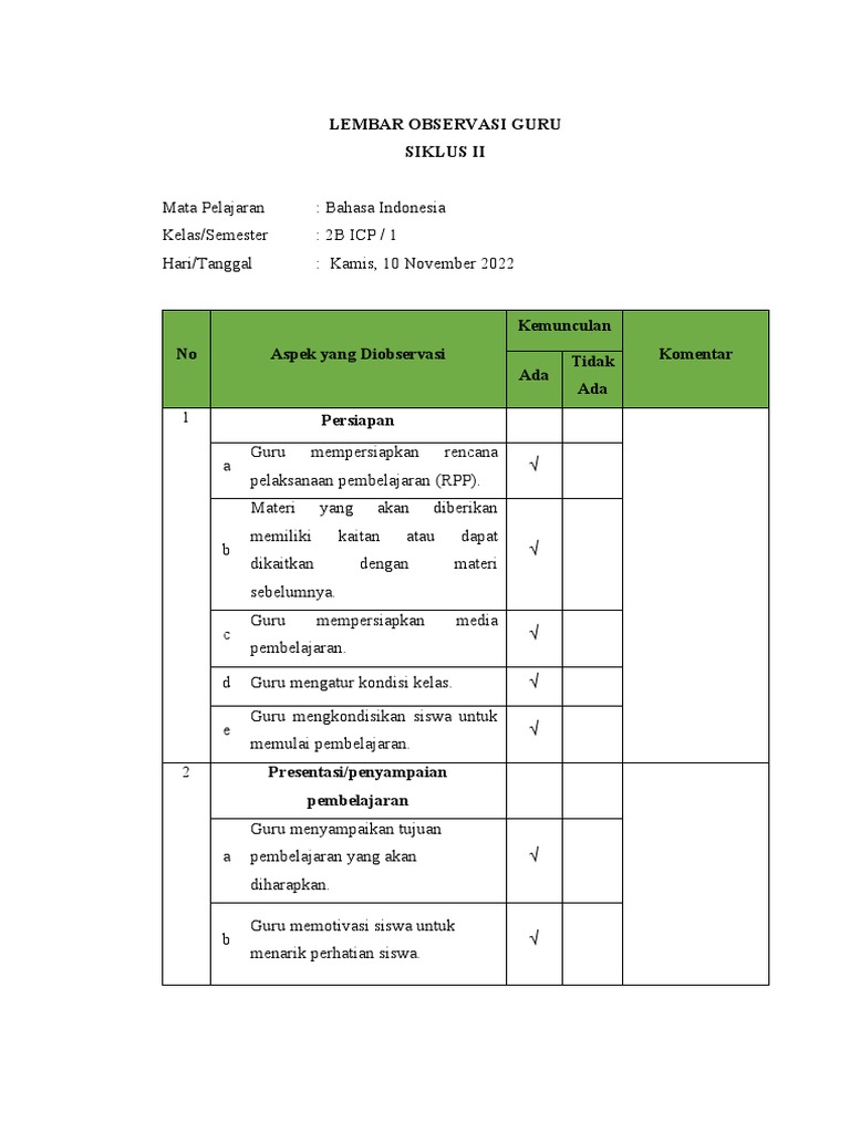 Lembar Pengamatan Kinerja Guru Atau Observasi (Mima) | PDF Lembar Pengamatan Kinerja Guru Atau Observasi (Mima) | PDF