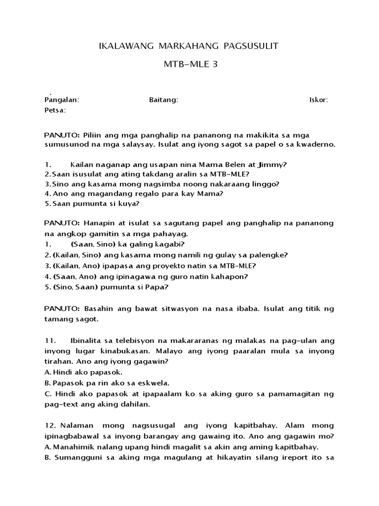 Ikalawang Markahang Pagsusulit MTB Mle 3.docx 1 | PDF