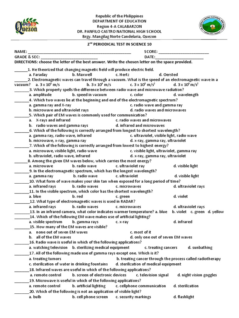 g10 2nd Periodical Test | PDF | Electromagnetic Spectrum ...