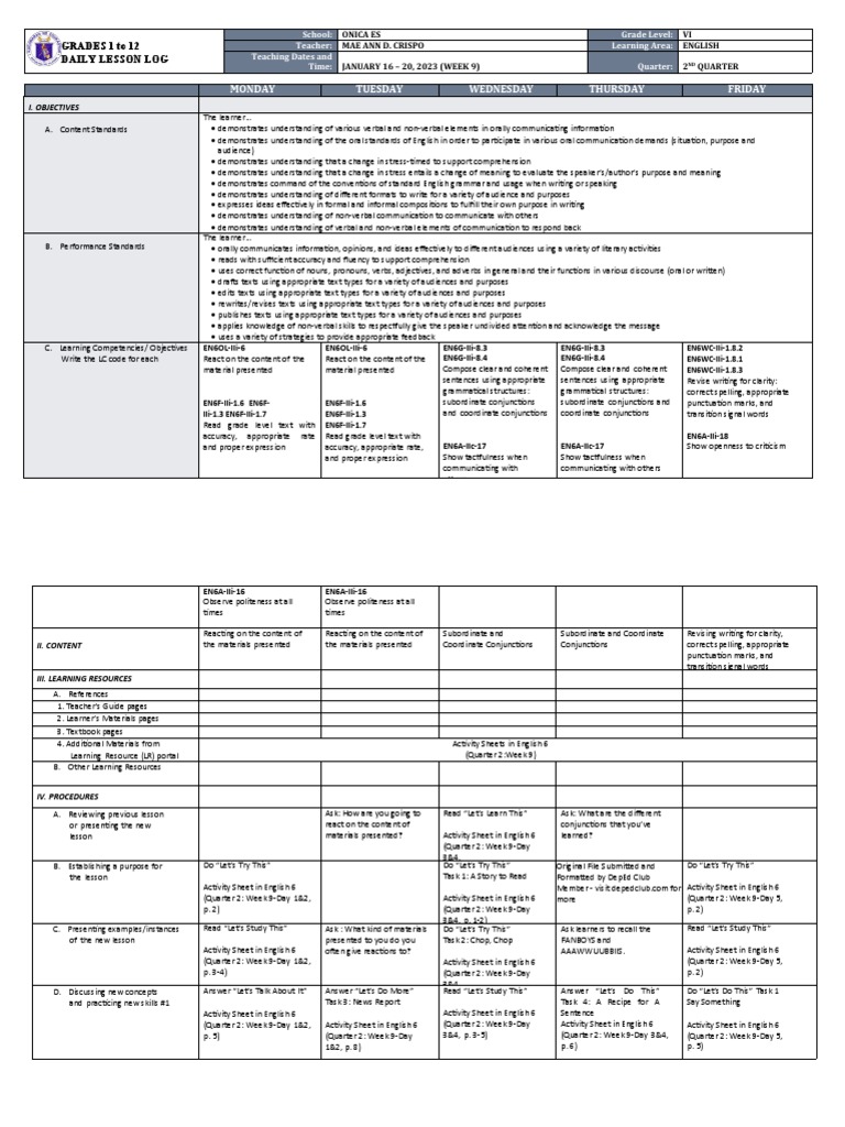 DLL - English 6 - Q2 - W9 | PDF | Learning | English Grammar