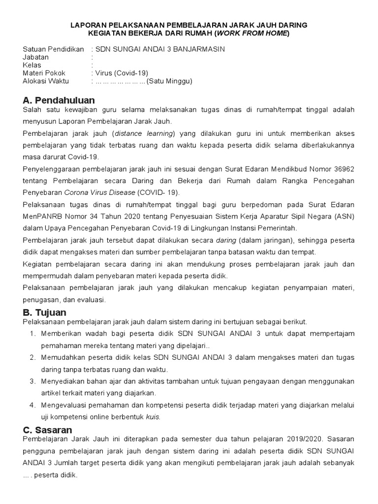 Laporan Pelaksanaan Pembelajaran Jarak Jauh Daring | PDF