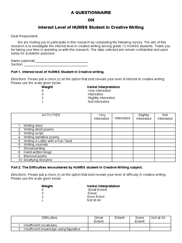 A Questionare | PDF | Questionnaire | Creative Writing