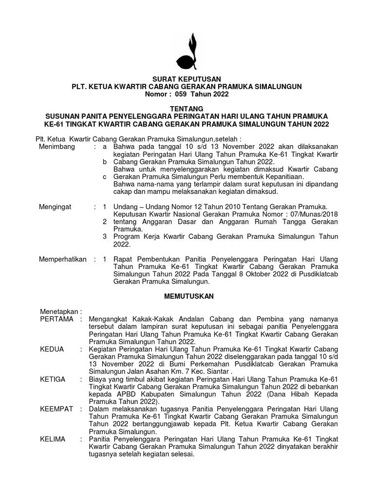 SK PANITIA HUT PRAMUKA KE 61 Tahun 2022 Rev | PDF