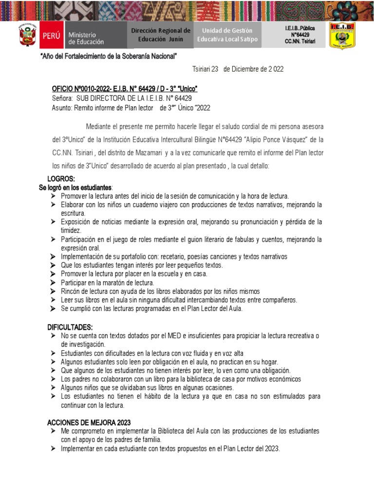 INFORME DE PLAN LECTOR 3º Grado | PDF