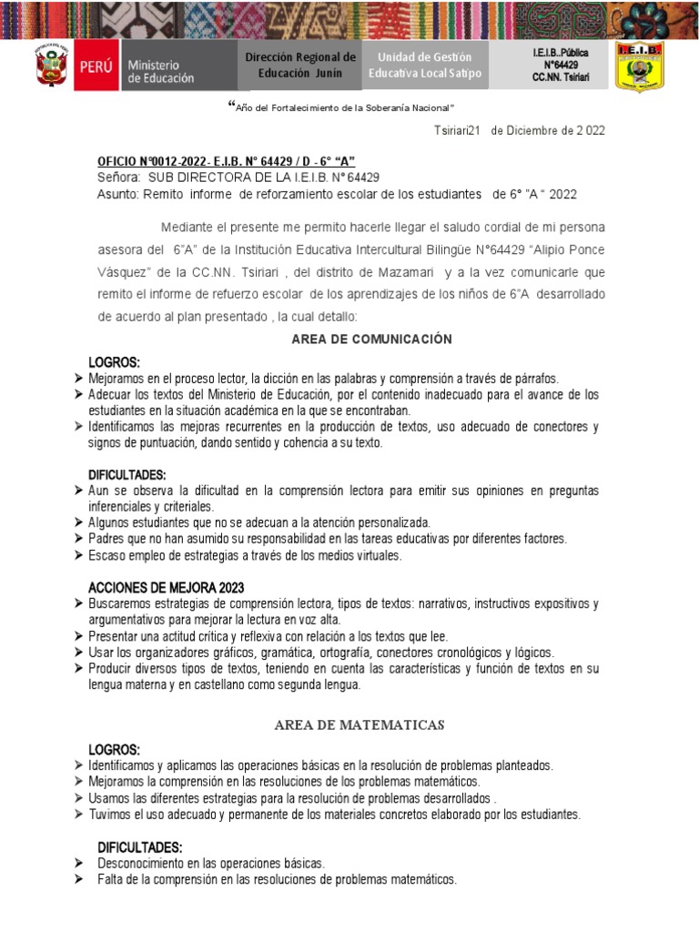 Informe de Refuerzo Escolar | PDF | Matemáticas | Comprensión lectora