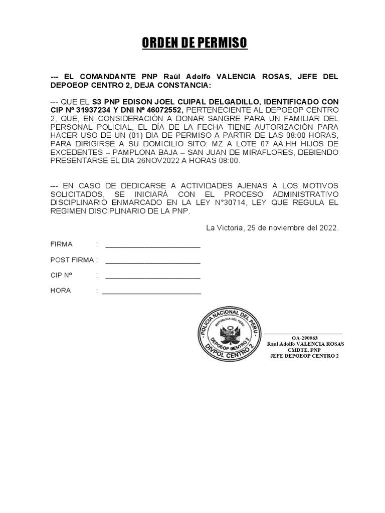 Orden de Permiso | PDF