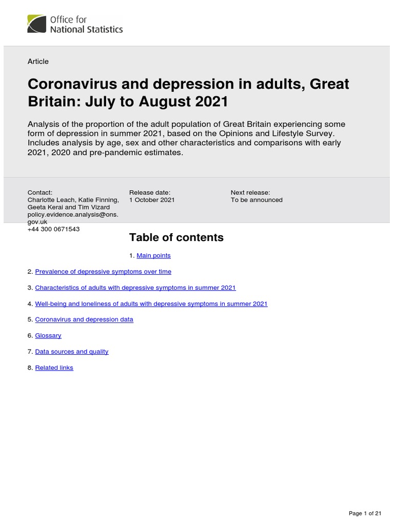 Coronavirus and Depression in Adults, Great Britain July To August 2021 ...