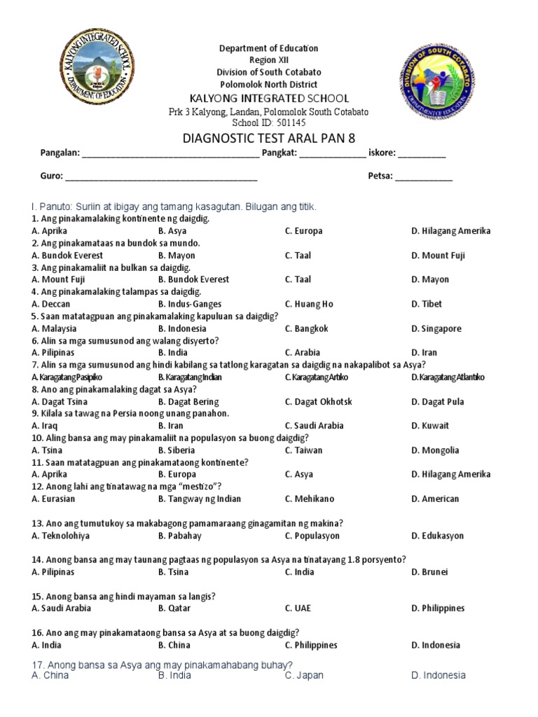 Araling Panlipunan Grade 8 Test | PDF