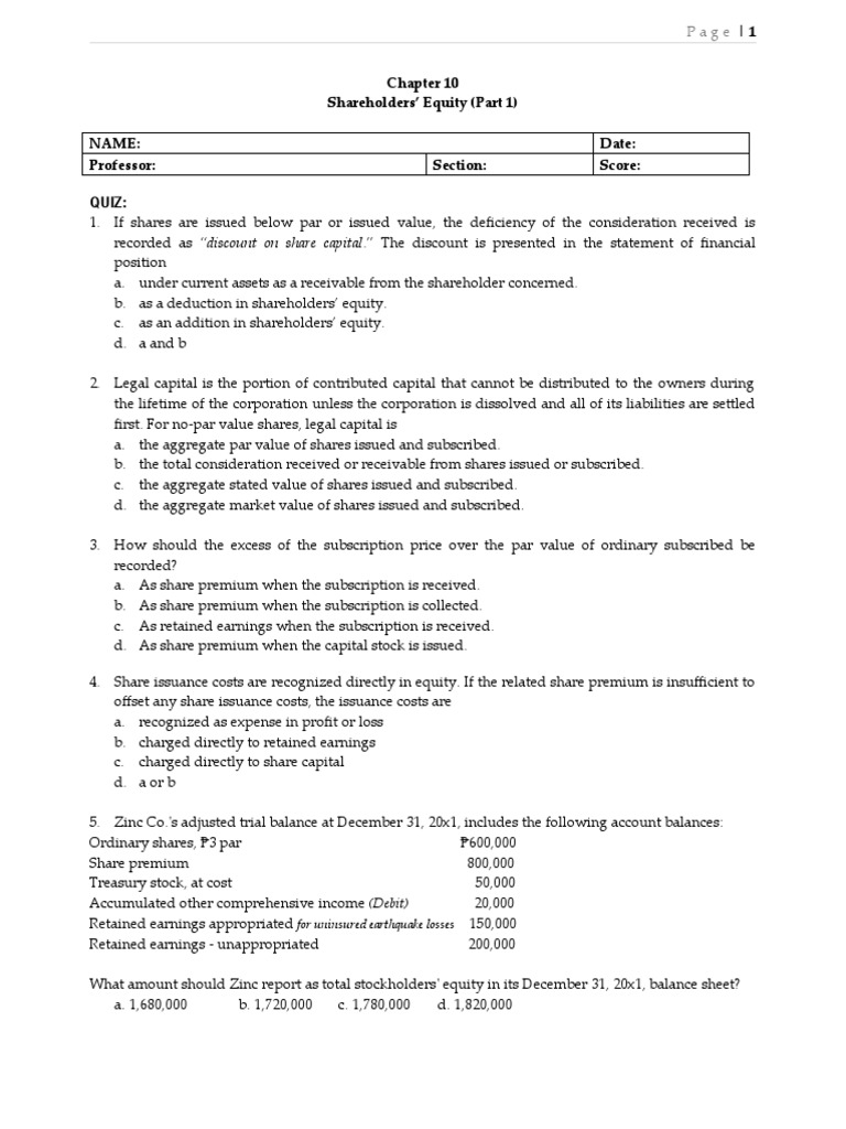 Quiz Chapter-10 She-Part-1 2021 | Download Free PDF | Retained Earnings | Equity (Finance)