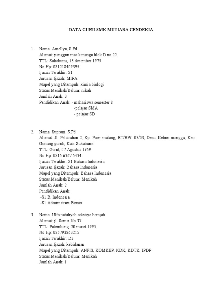Data Guru SMK Mutiara Cendekia | PDF