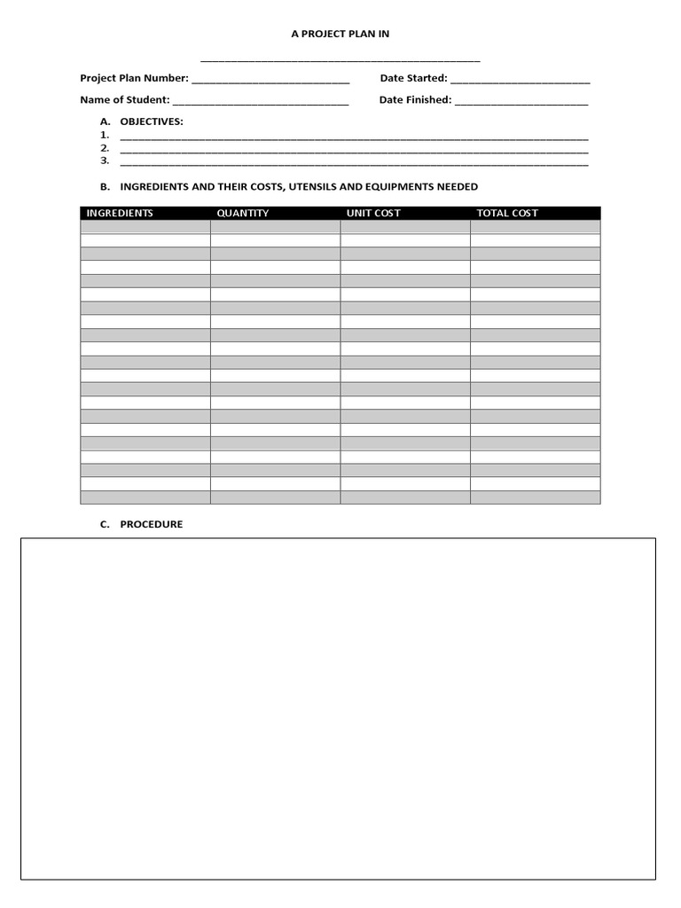 A Sample Project Plan Format in Cookery 9 | PDF