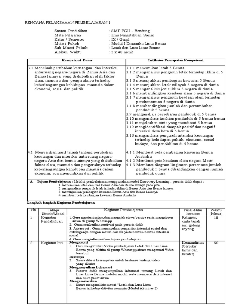 RPP 1 Modul Letak Dan Luas Lima Benua | PDF