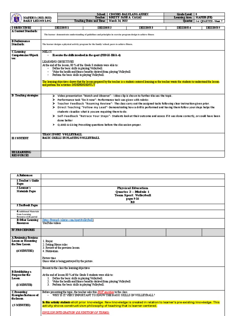 DLL Cot1 Volleyball | PDF | Teaching Method | Learning
