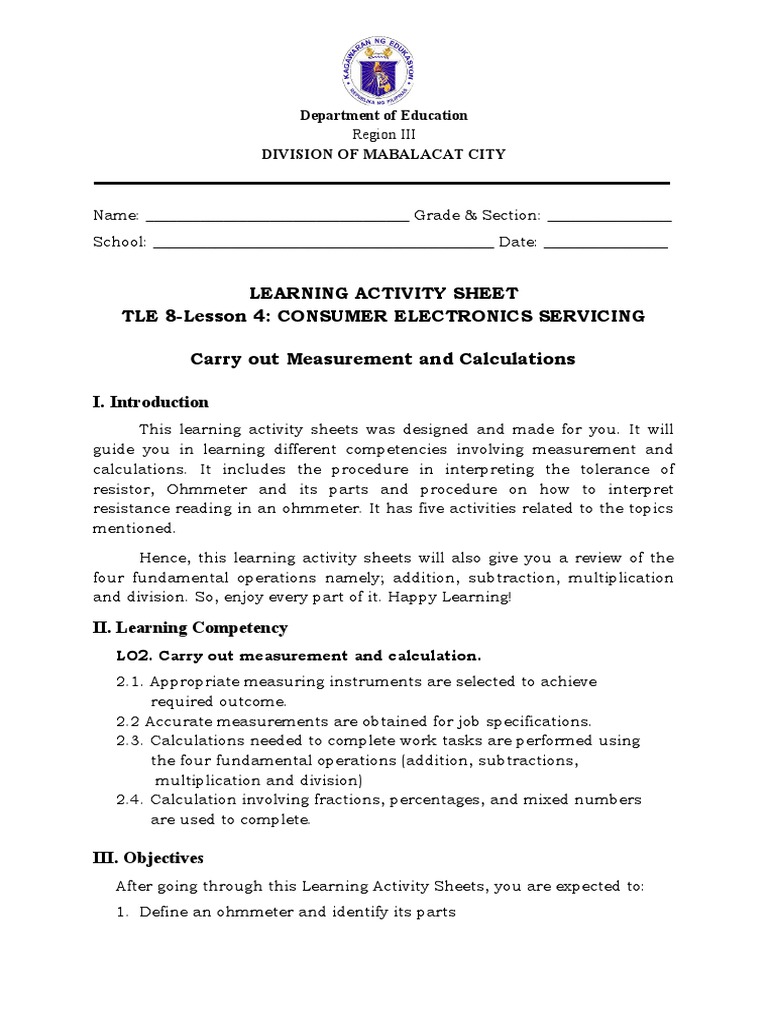 TLE8 - Consumer Electronics Servicing - Q1 - Wk4 - Carry Out Measurement and Calculations ...