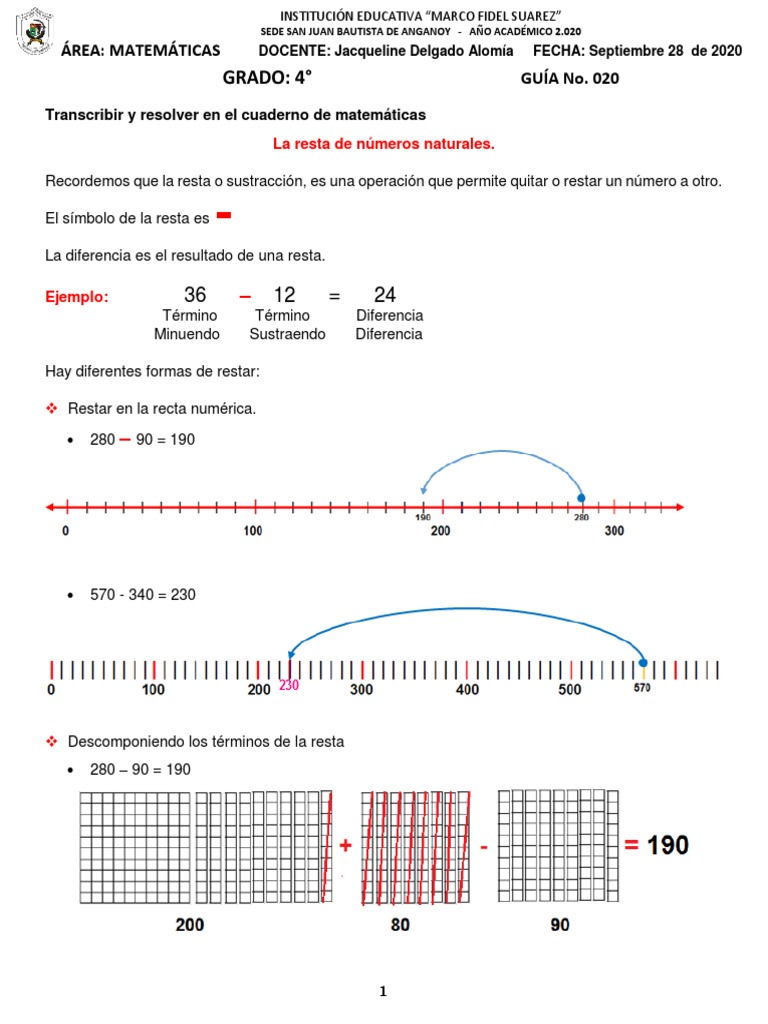 GUÍA 20 MATEMÁTICAS 4°la Resta | PDF