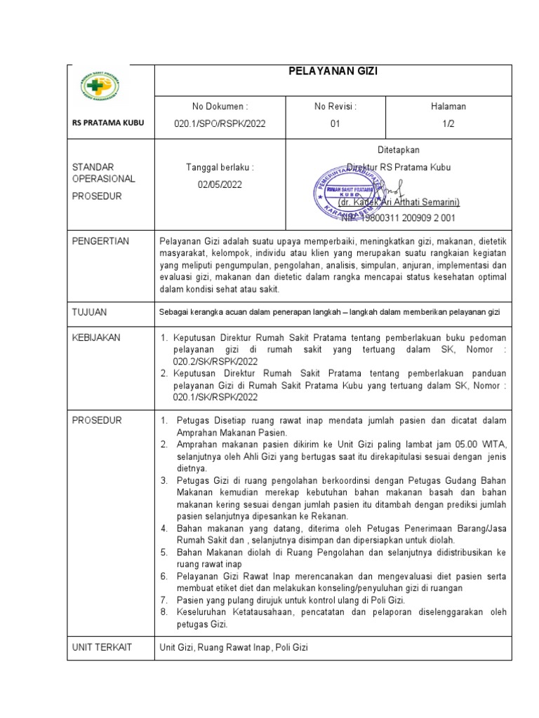 SOP Pelayanan Gizi | PDF