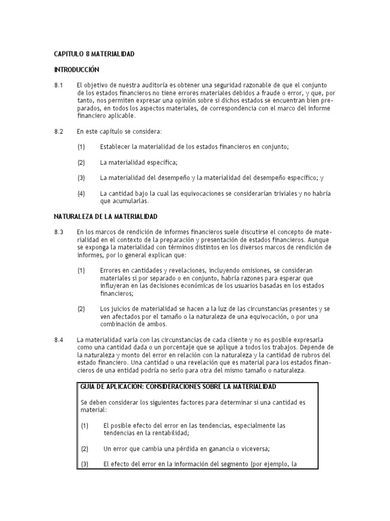Capitulo 8 Materialidad | PDF | Auditoría | Estado financiero
