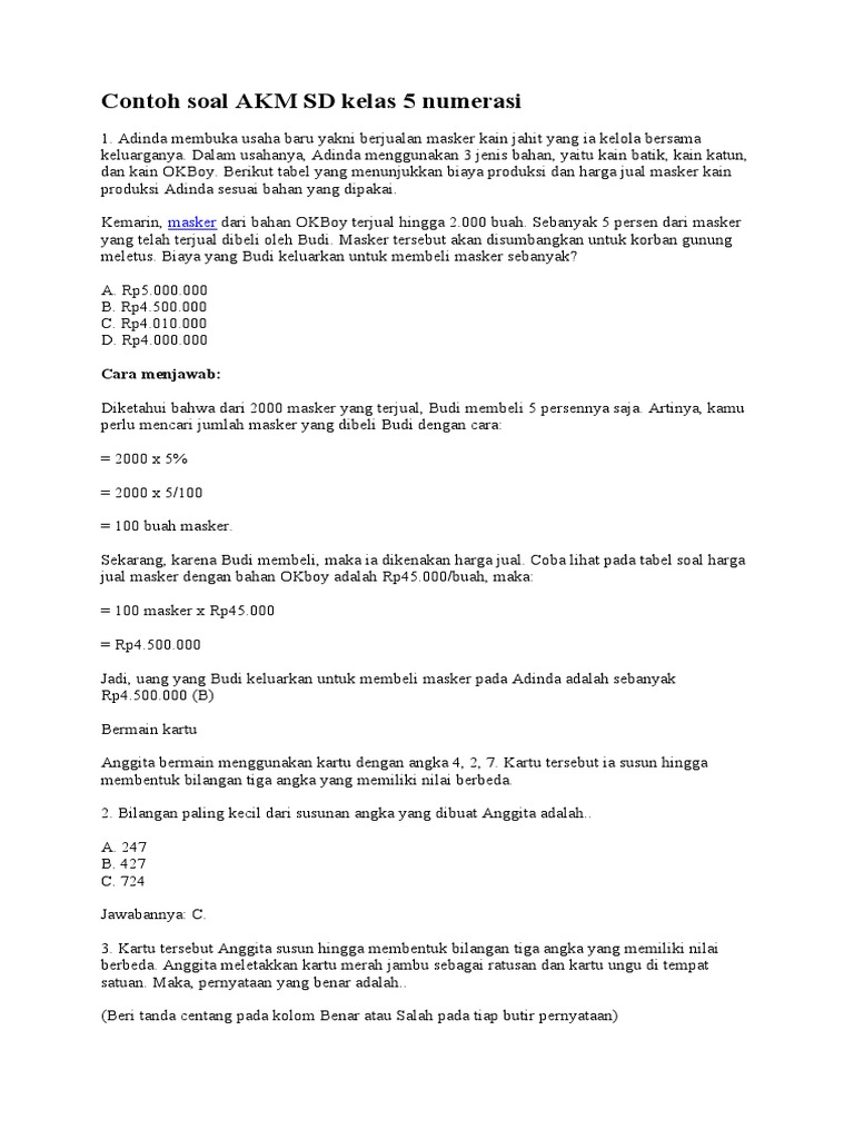 Contoh Soal AKM SD Kelas 5 Numerasi | PDF
