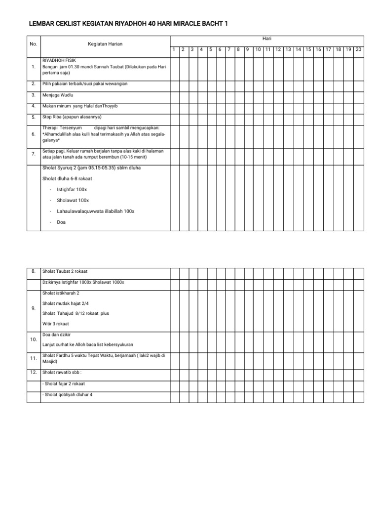 Lembar Ceklist Riyadhoh 40 Hari | PDF