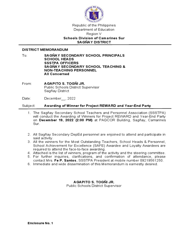 District Memo Awarding and Year End Party | PDF