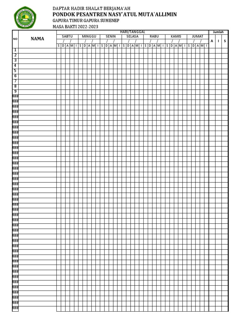 Absensi Shalat Berjamaah Putri | PDF