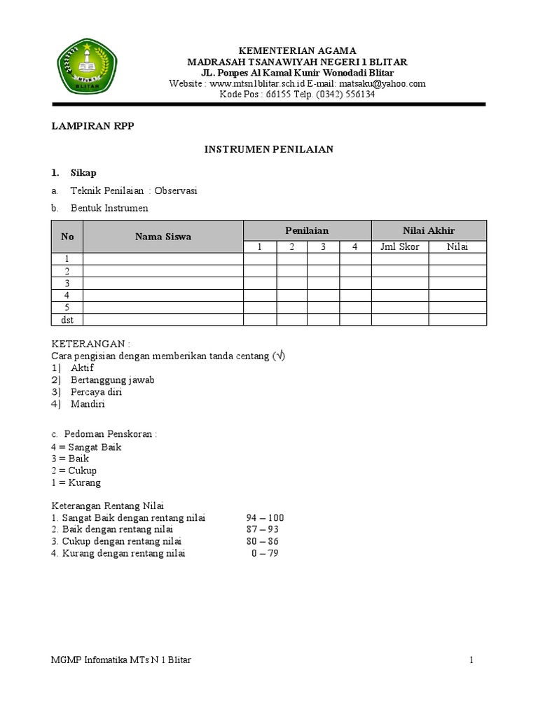 Instrumen Penilaian RPP Jarkom | PDF