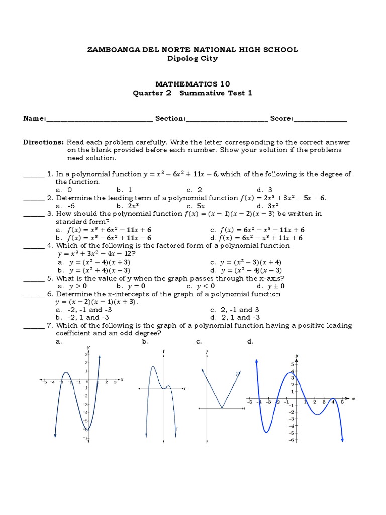 Q2 1st Summative Test | PDF | Polynomial | Function (Mathematics)