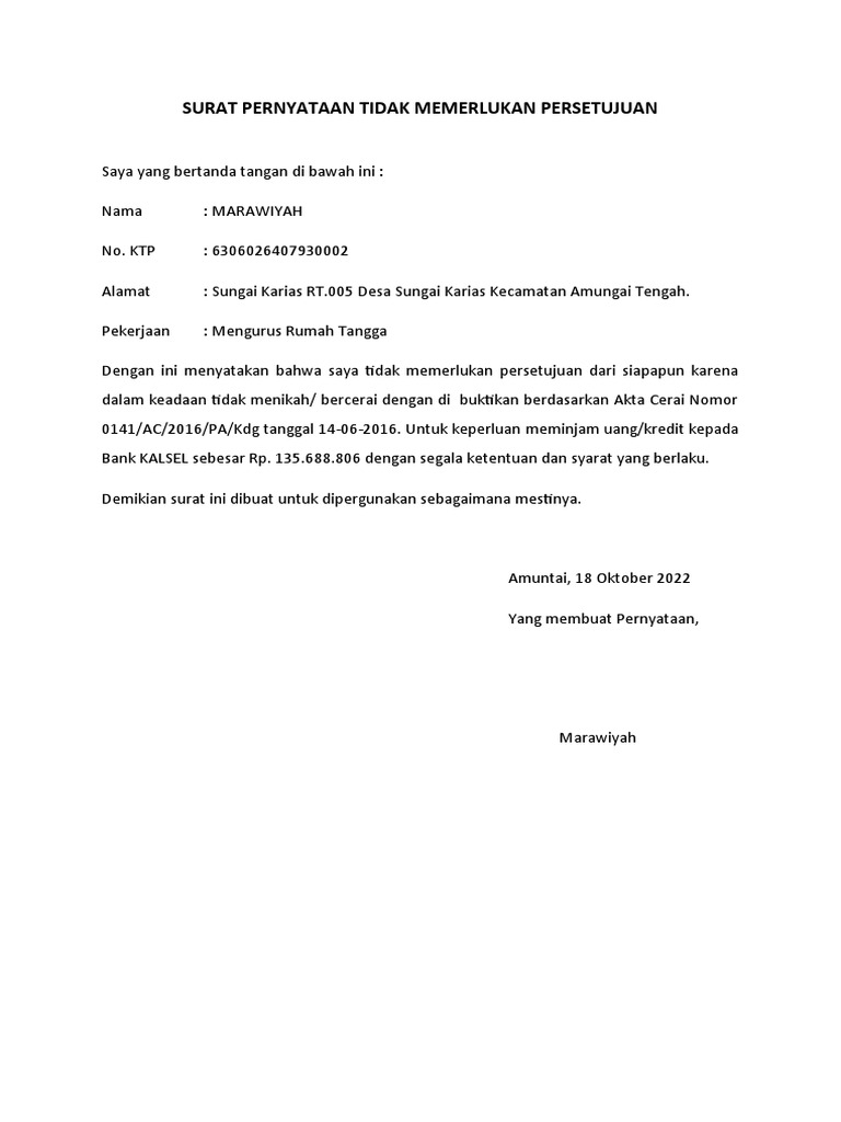 Surat Pernyataan Tidak Memerlukan Persetujuan | PDF