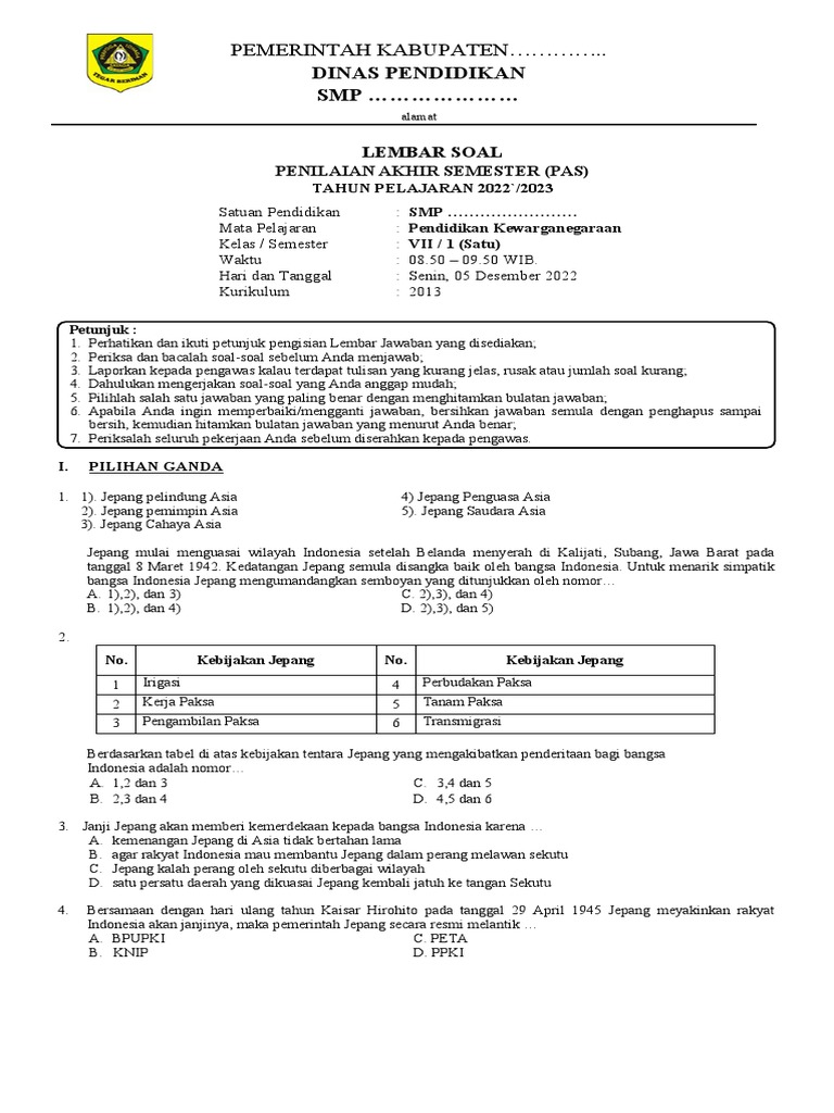 Soal PAS PPKN Kelas 7 22-23 | PDF