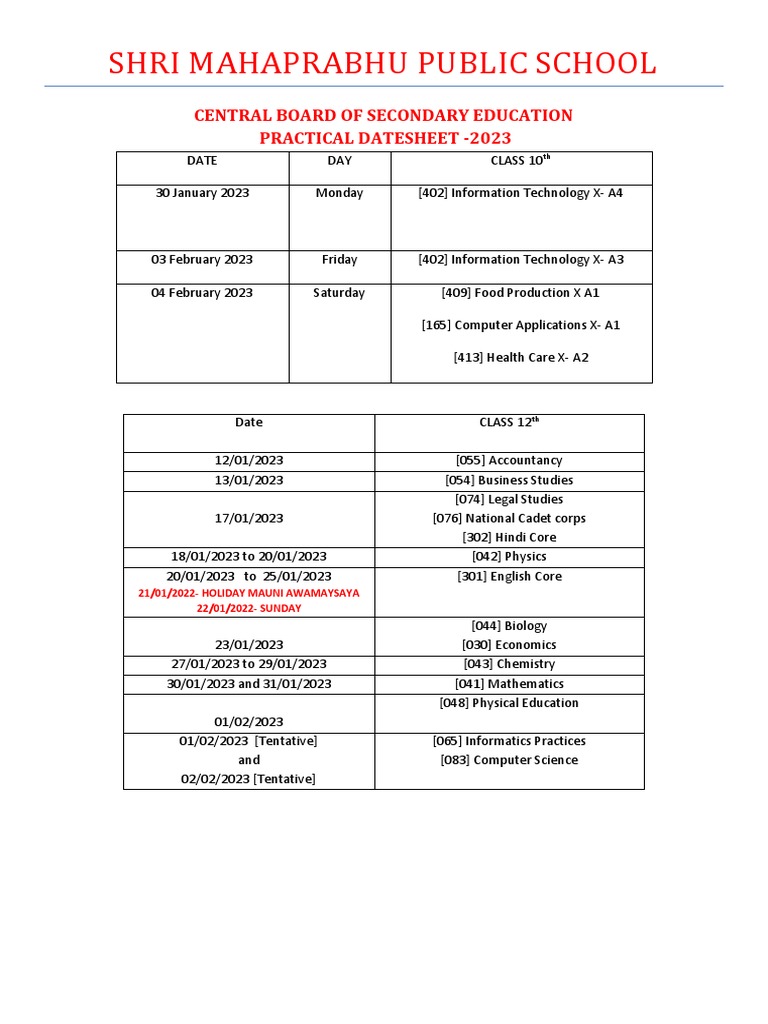Practical-Datesheet-Class-10--12-SESSION-2022-23-1673592141 | PDF