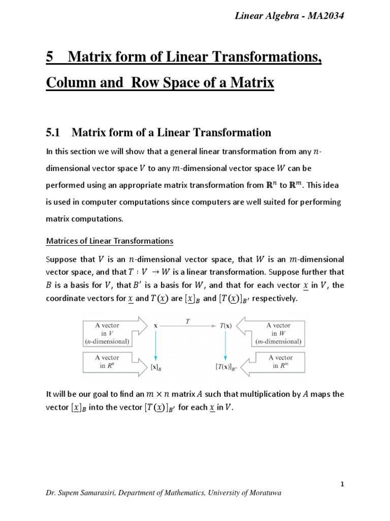 5 Matrix Form Of Linear Transformations Column And Row Space Of A
