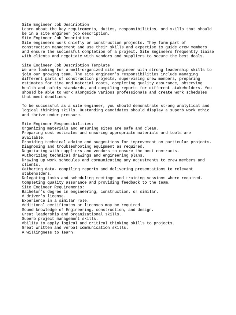 Site Engineer Job Description | PDF