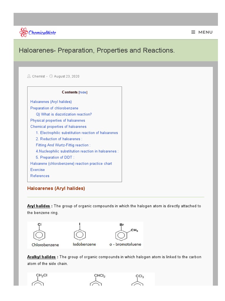 Chemicalnote Com Haloarenes Preparation Properties and Reactions | PDF
