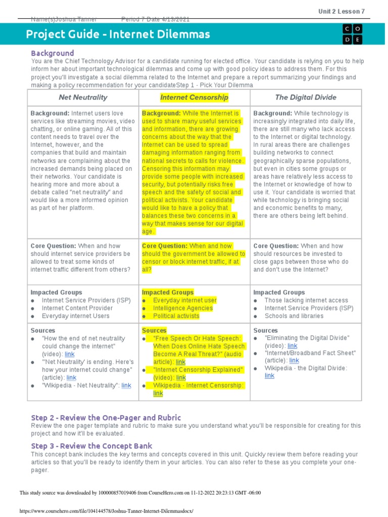 Joshua Tanner Internet Dilemmas | PDF