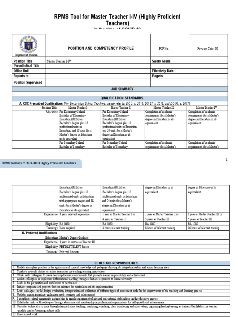 (Appendix 1B) RPMS Tool For Highly Proficient Teachers SY 2021-2022 in ...