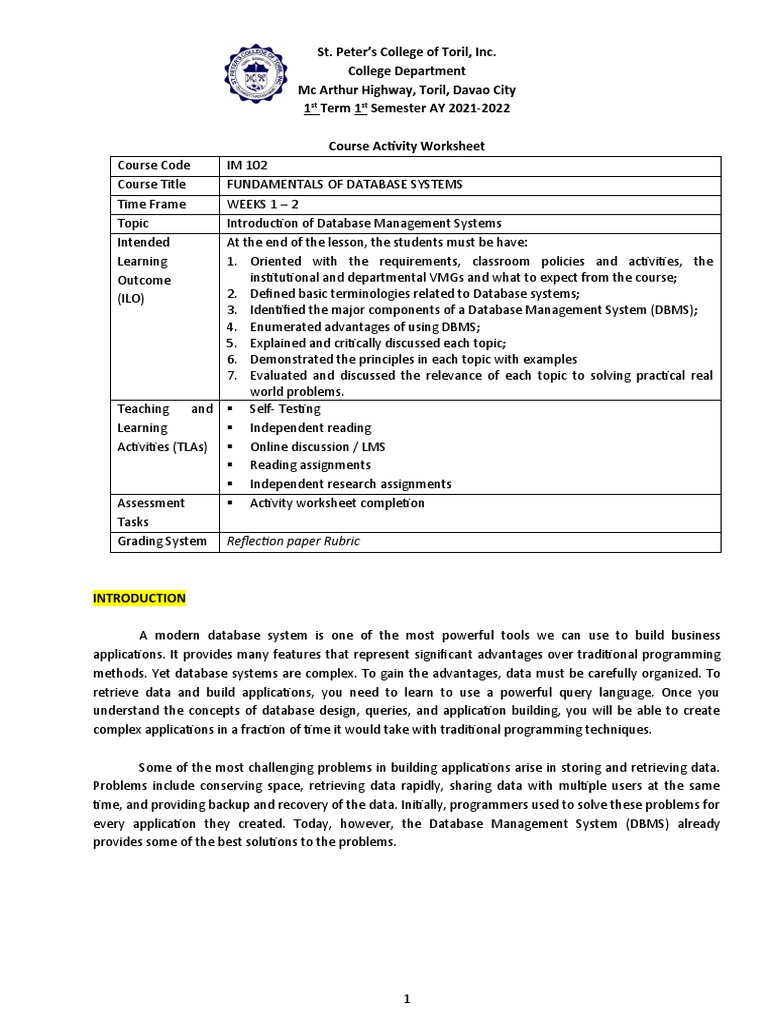 IM 101 Week 1-2 Course-Activity-Worksheet | PDF | Databases | Computer File