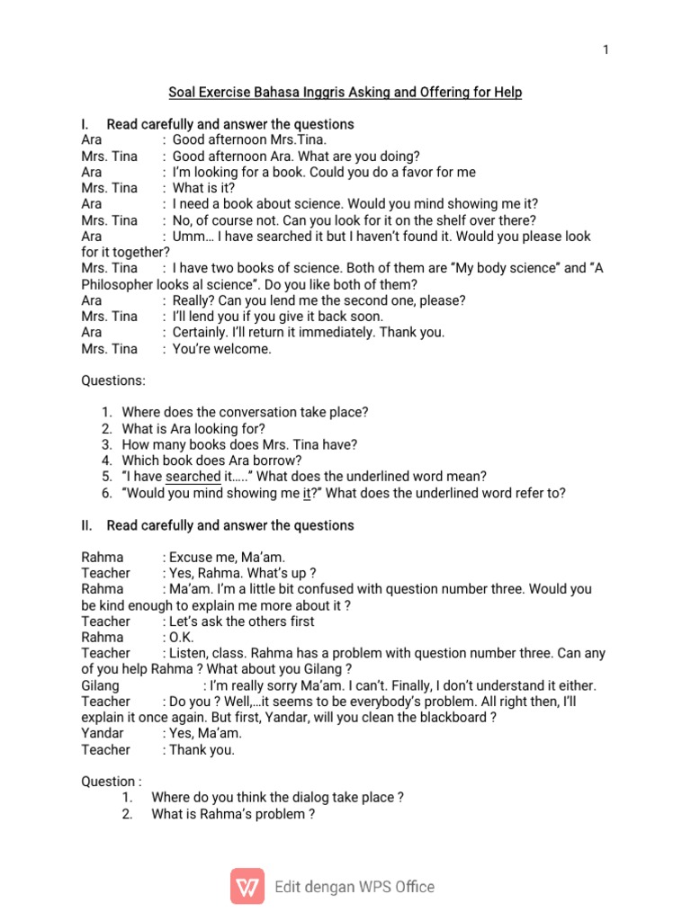 Soal Exercise Bahasa Inggris Asking and Offering For Help | PDF