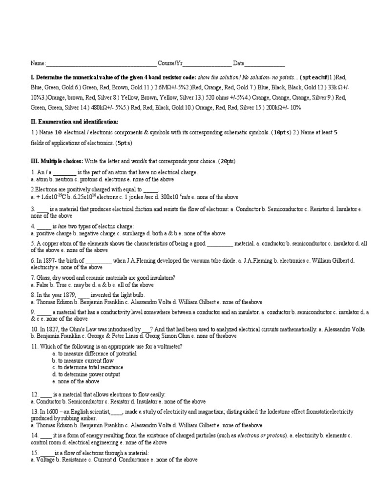 Basic Electricity Long Quiz | PDF | Electricity | Electrical ...
