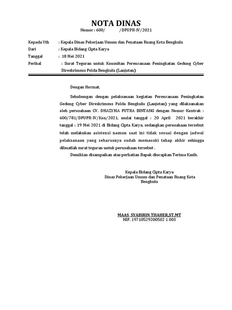 NOTA DINAS Teguran Konsultan | PDF