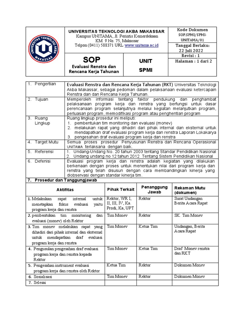 SOP Evaluasi Renstra Dan Rencana Kerja Tahunan | PDF