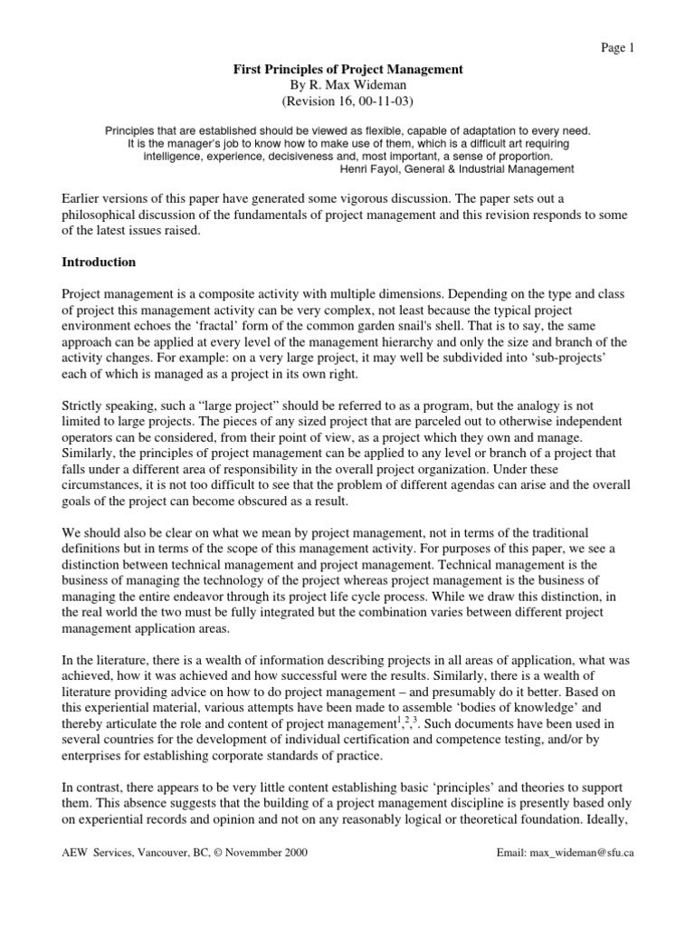 PM Principles - Wideman Paper | PDF | Project Management | Strategic ...