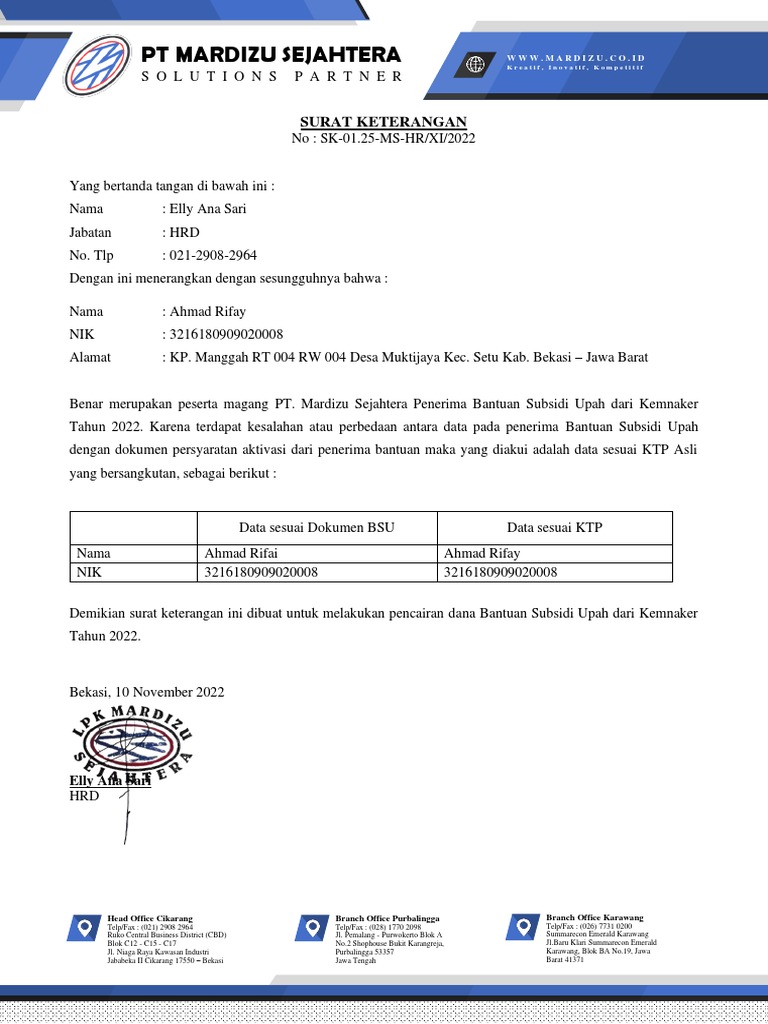 Surat Keterangan Bsu | PDF