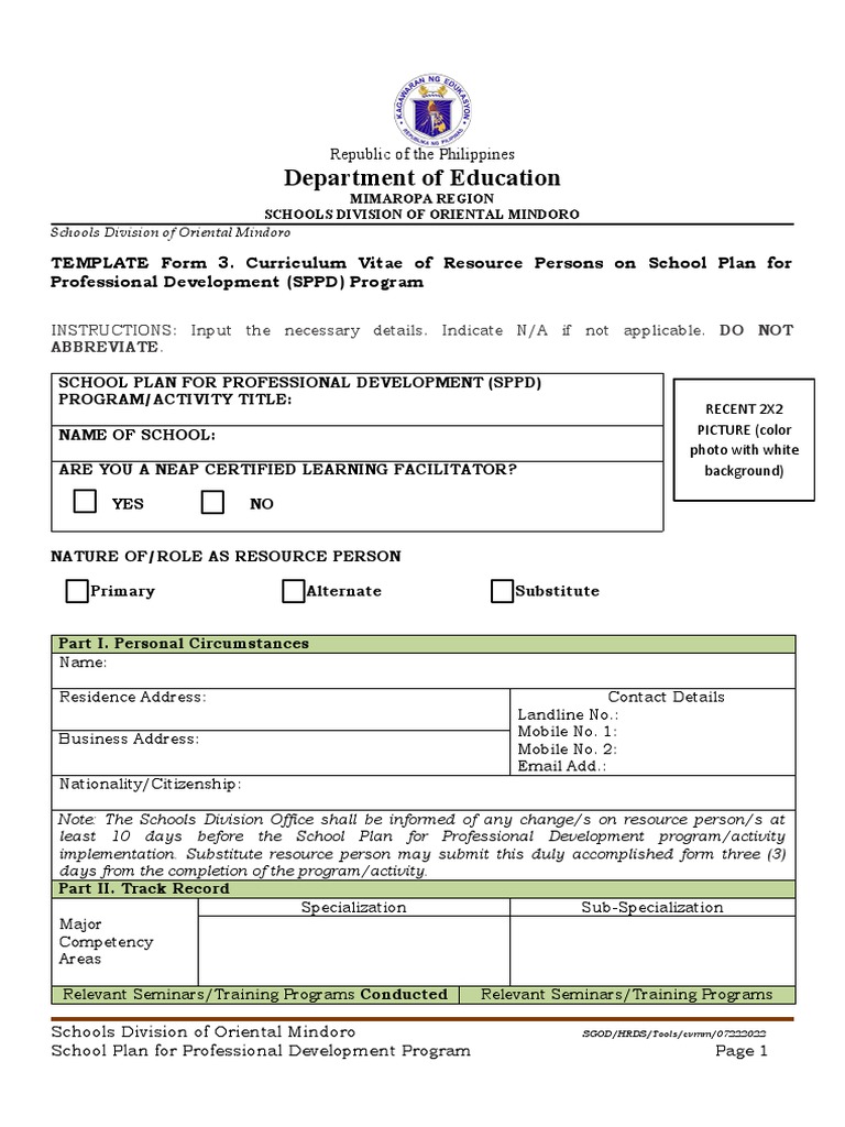 Form 3 SPPD CV Resource Person | PDF
