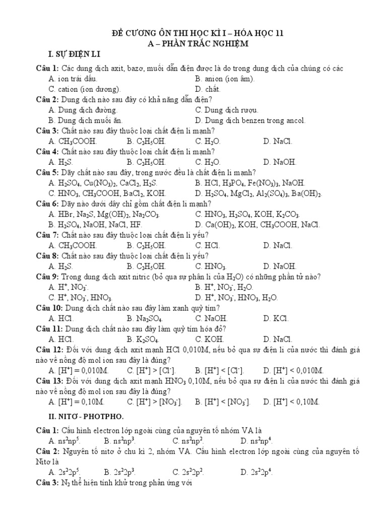 ĐỀ CƯƠNG HÓA HỌC HK1 | PDF