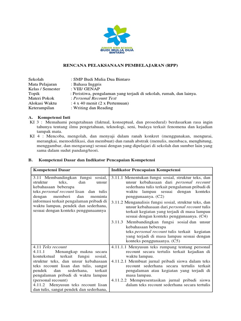 RPP Personal Recount Text Kelas 8 | PDF