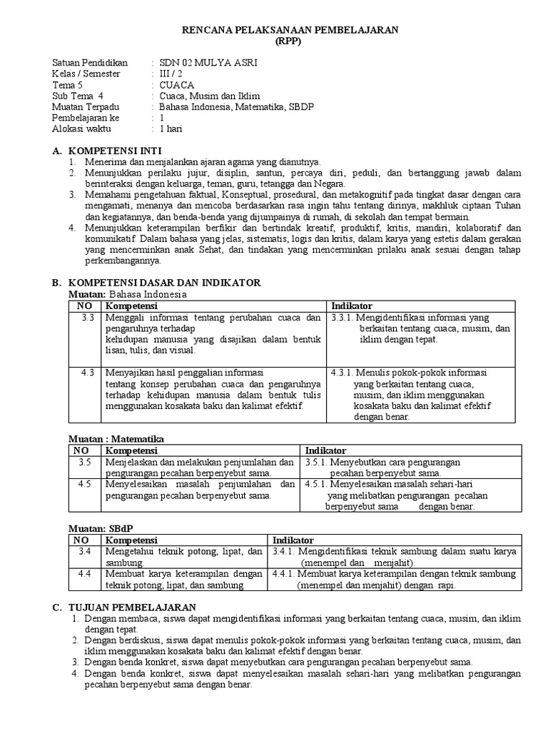 RPP Tema 5 Sub Tema 4 Kelas 3 Semester 2 | PDF