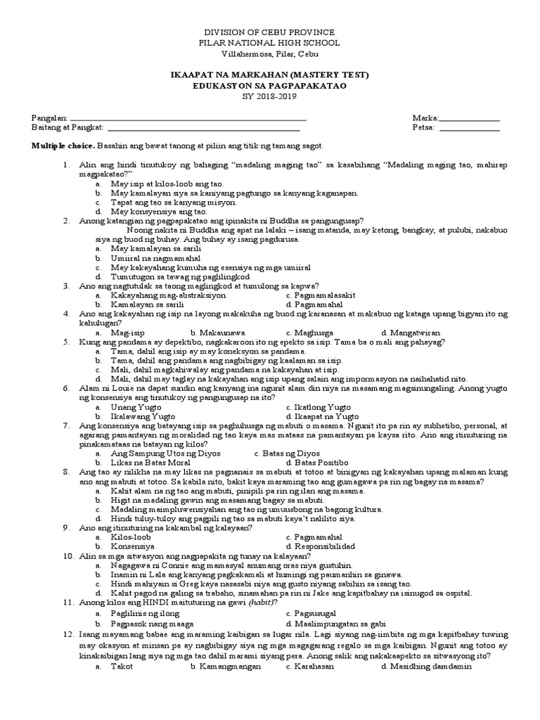 4th Quarter Test in EsP10 | PDF