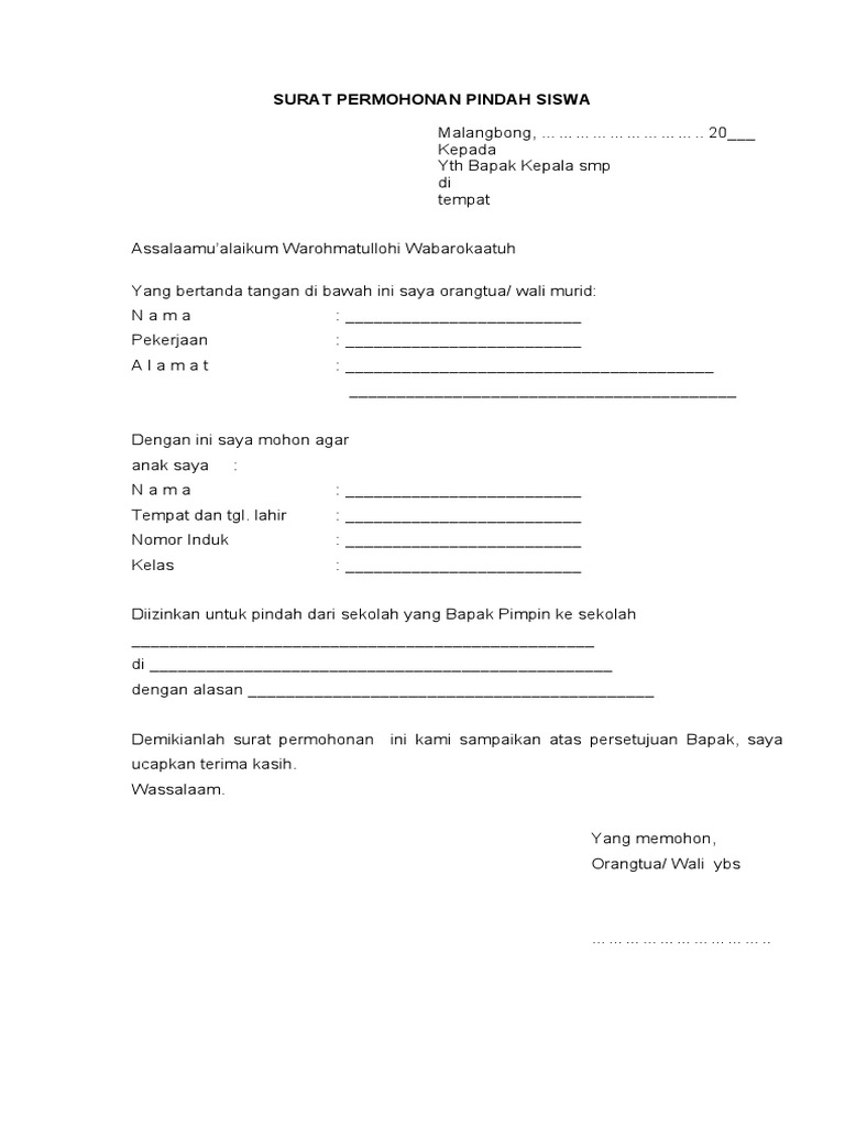 Surat Permohonan Pindah Siswa | PDF