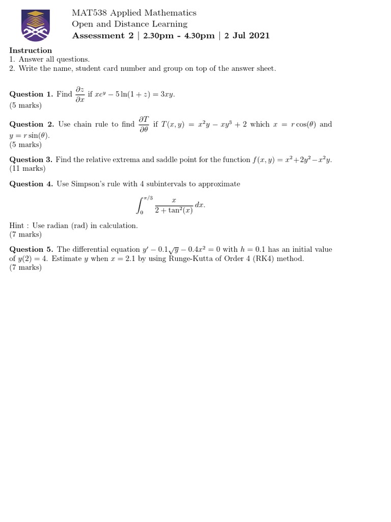 MAT538 Applied Mathematics Assessment | PDF
